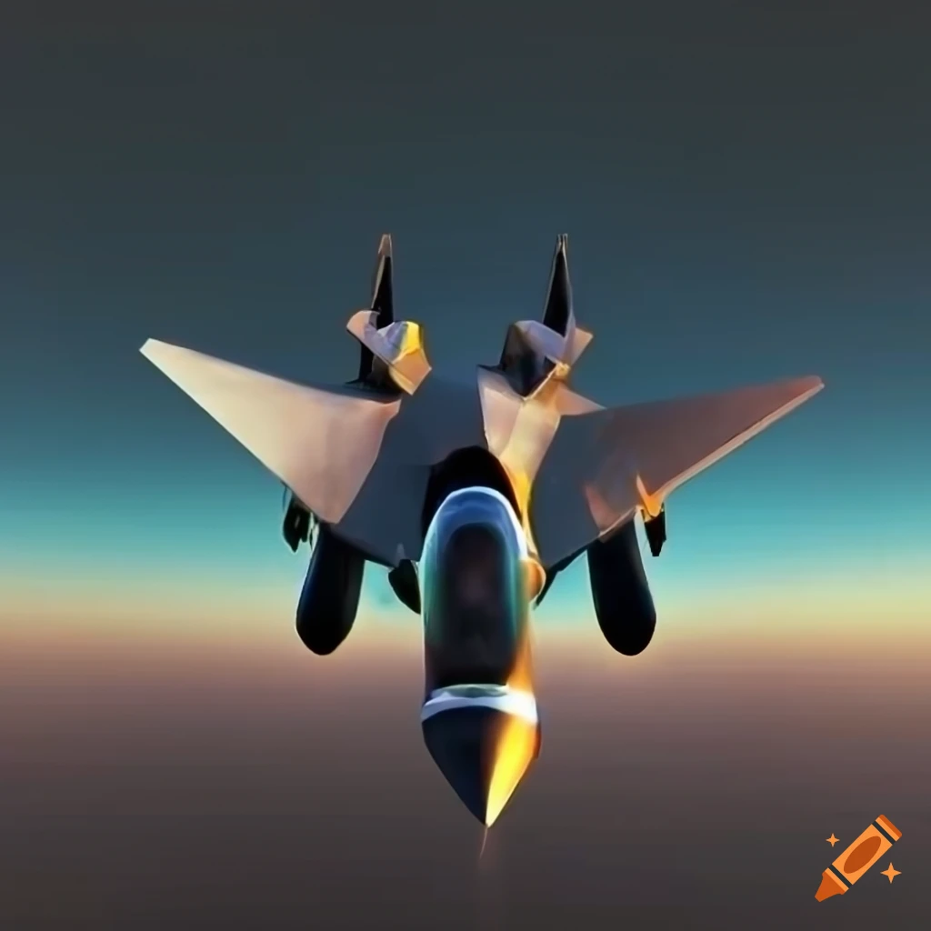 Sleek metallic silver fighter jet over desert landscape at dawn on Craiyon