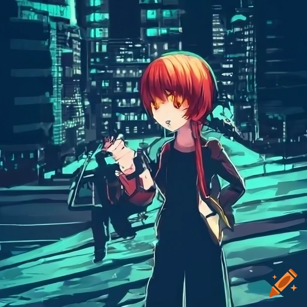 Determined anime girl defending against a menacing urban cityscape on ...