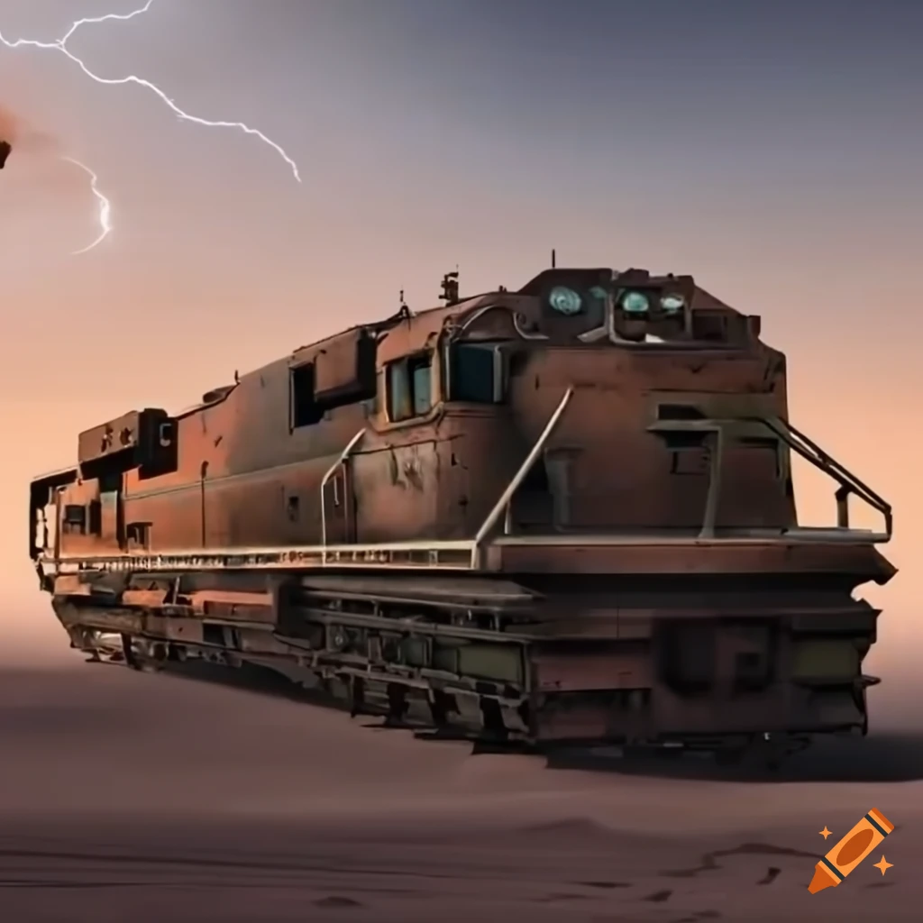 Powerful locomotive with armored core crossing a desert with a ...