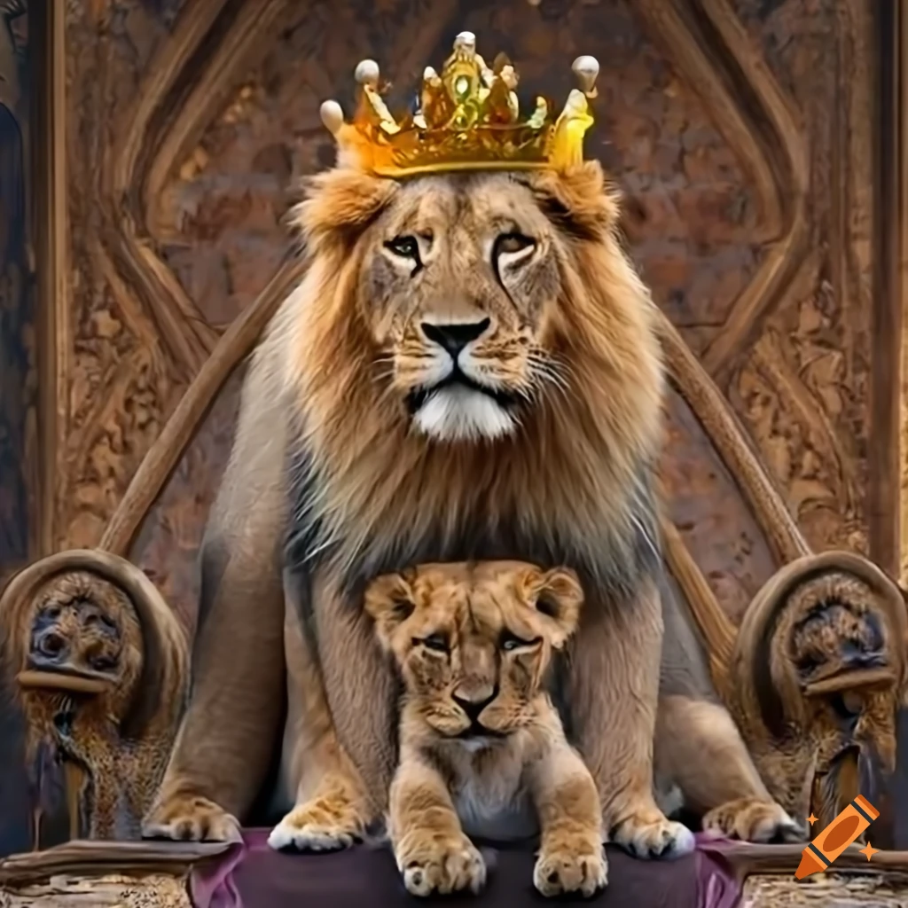Lion with a crown on a throne surrounded by cubs in 4k resolution on ...