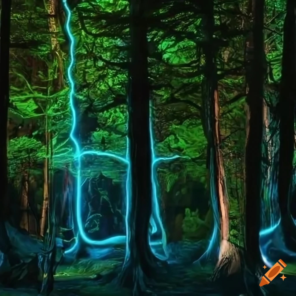 Biopunk forest with glowing bioluminescent trees merging nature and technology on Craiyon