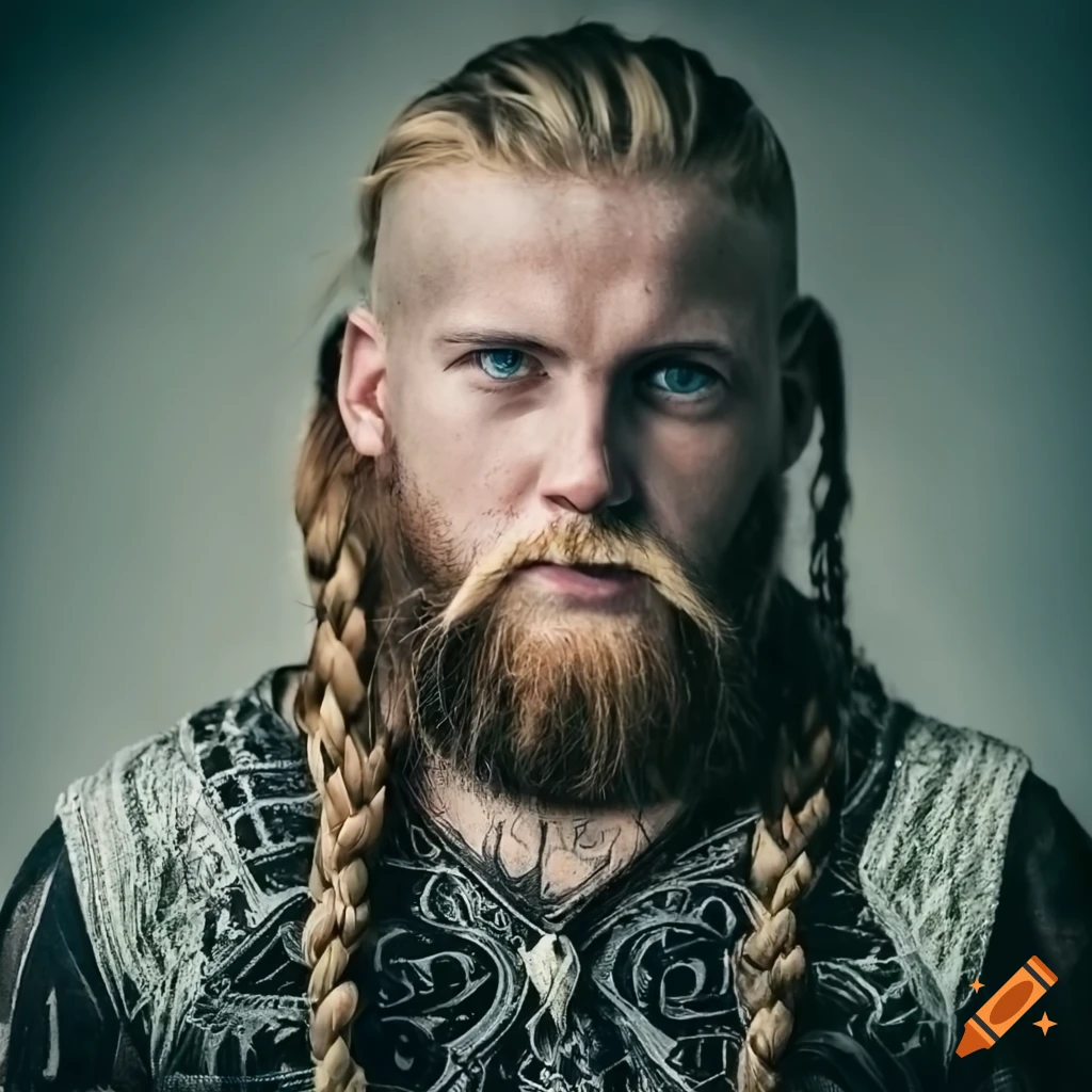 Portrait of a young rugged viking with tattoos, long braided blond hair, and a blind beard ...
