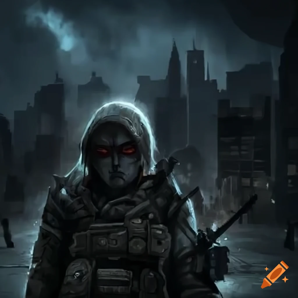 Brave heroine ready to battle a monster in an ominous city landscape on ...