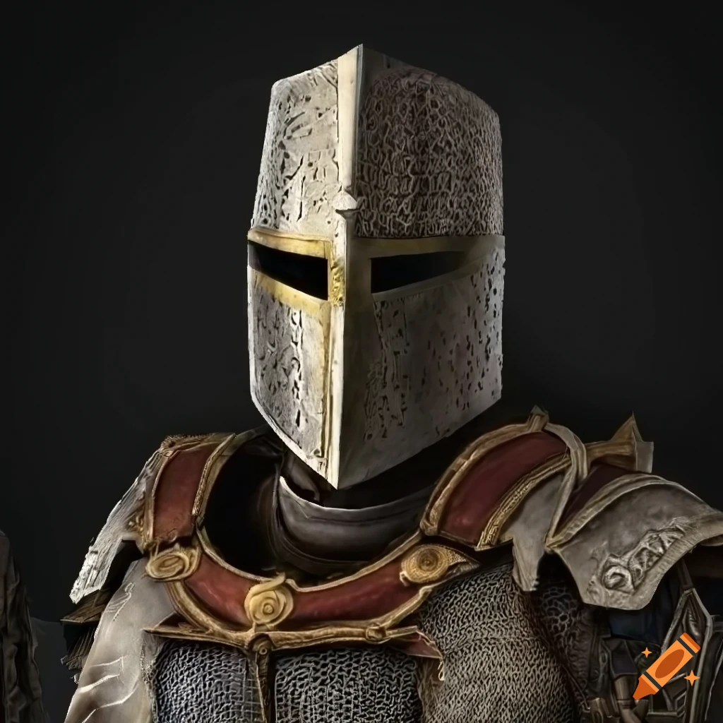 Photorealistic knight in kingdoms of amalur style with antique crusader helmet on Craiyon
