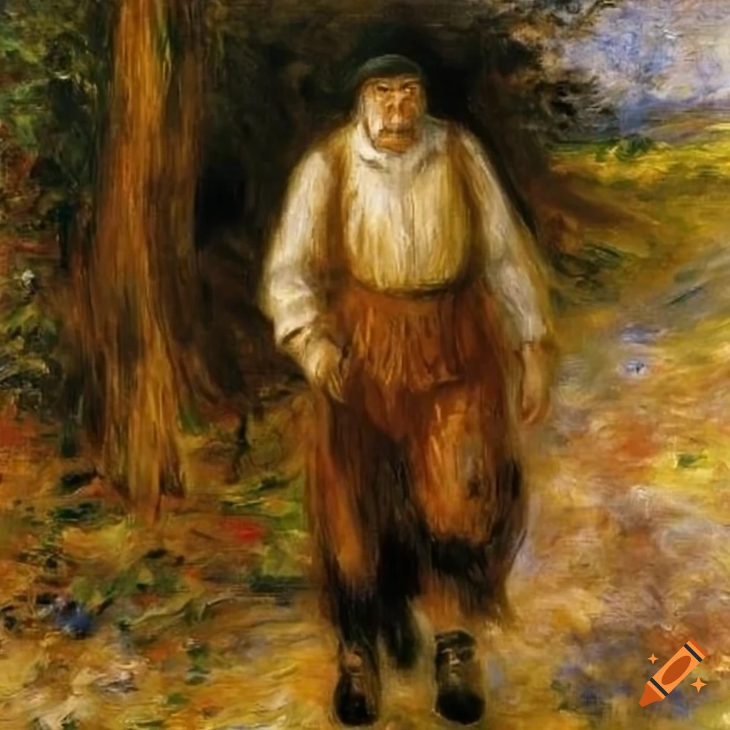 Peasant man walking in an oil painting by renoir on Craiyon