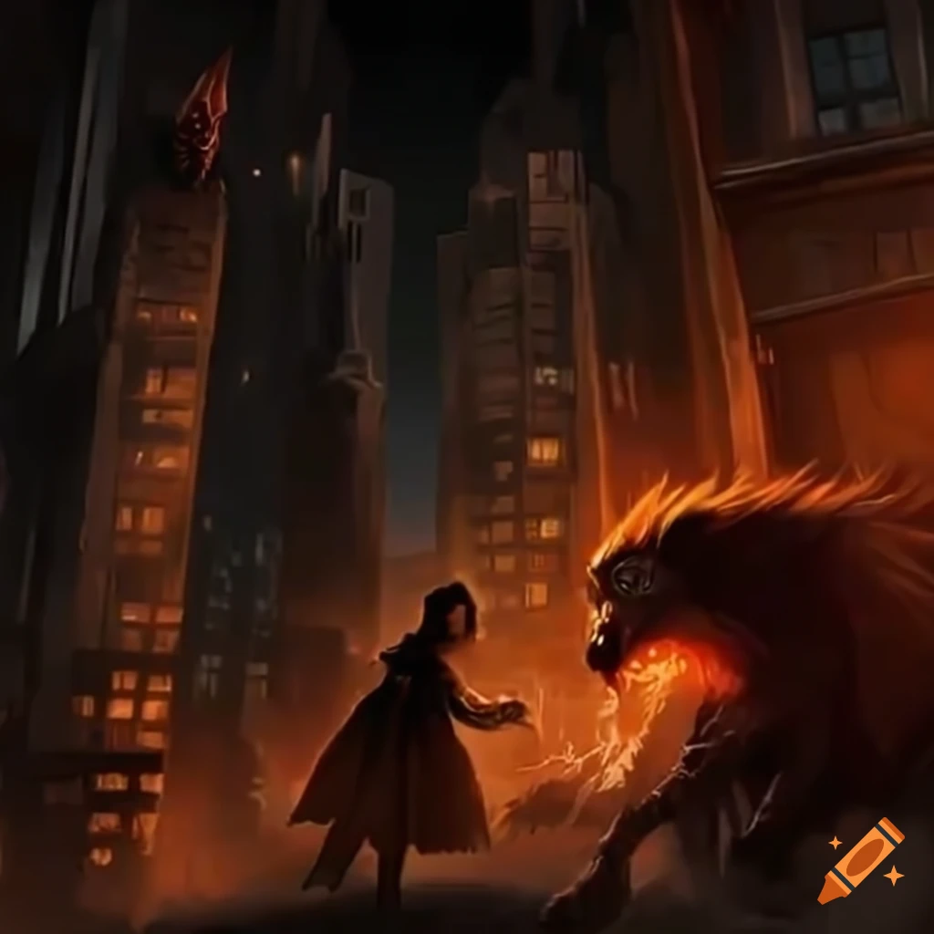 Brave hero battling werewolf on city rooftops under the moonlight on ...