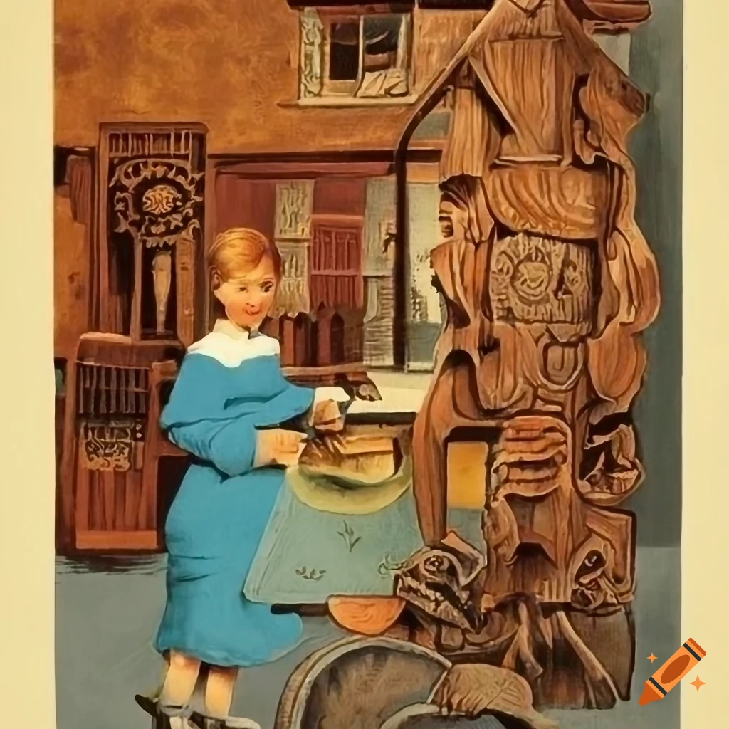 Vintage adventure travel poster featuring stave carvings and vibrant ...