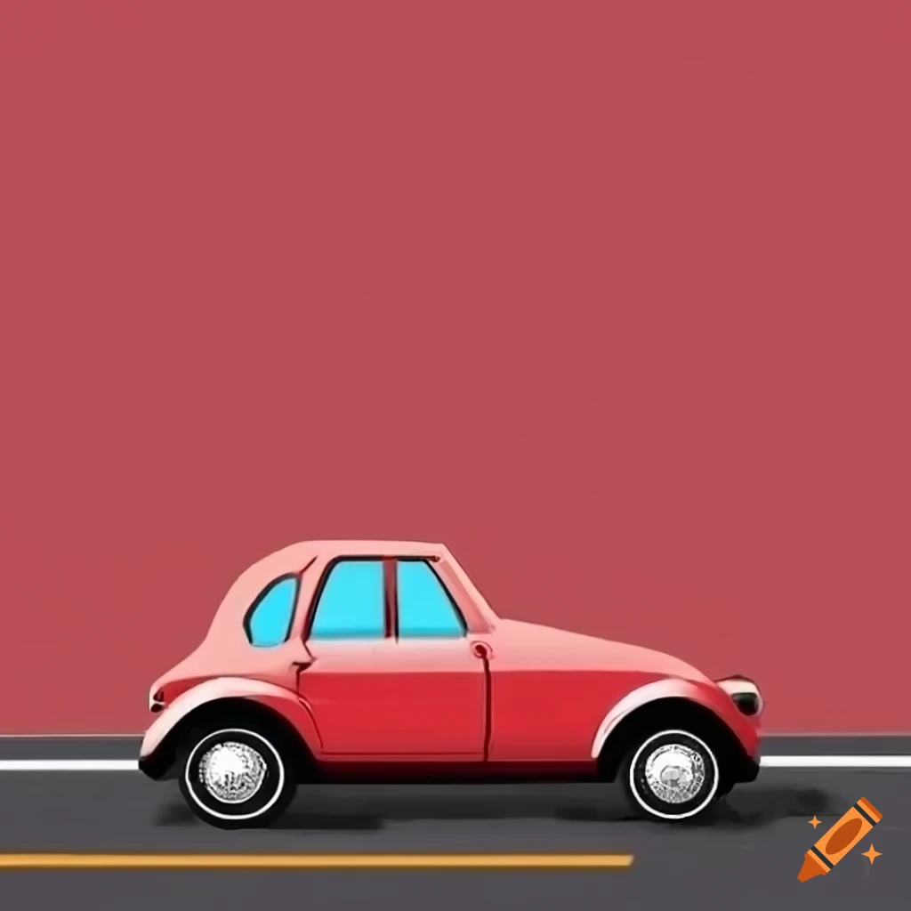Red car moving on straight road in a comic-style illustration on Craiyon