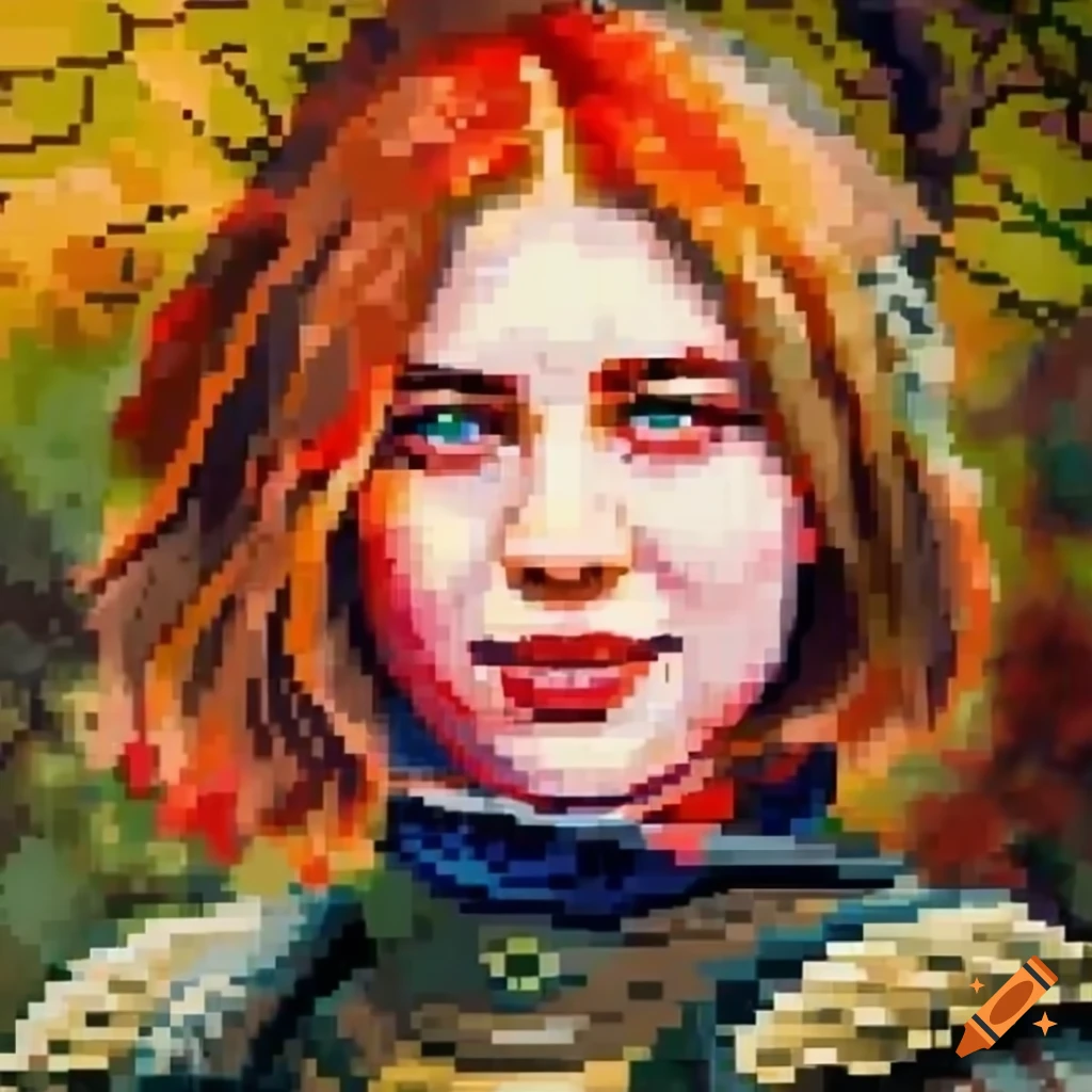 Pixel-art hyperrealism portrait of a smiling jrpg heroine with a wolf ...