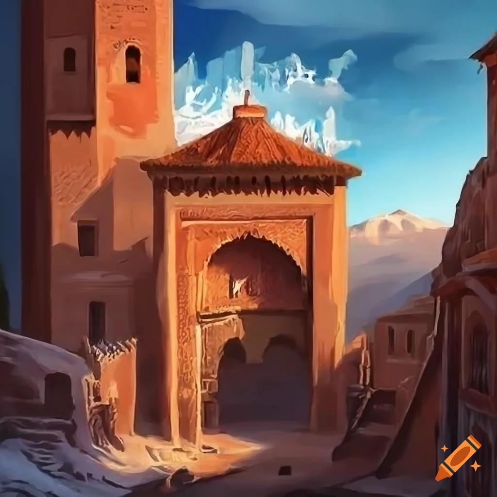 Alhambra red gatehouse in the Andes mountains in a fantasy setting on ...