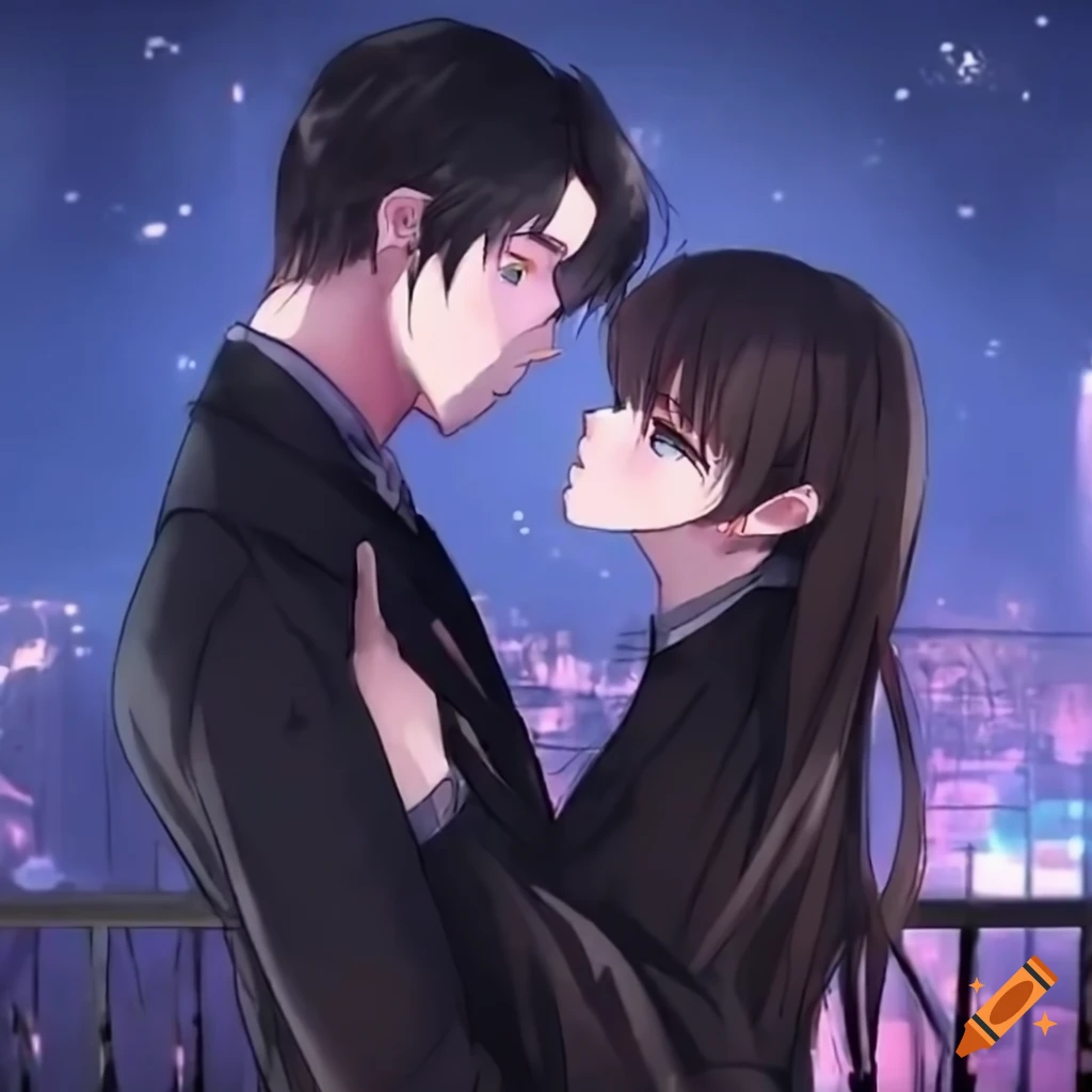 Anime couple kissing in black and white outfits from a distance on Craiyon