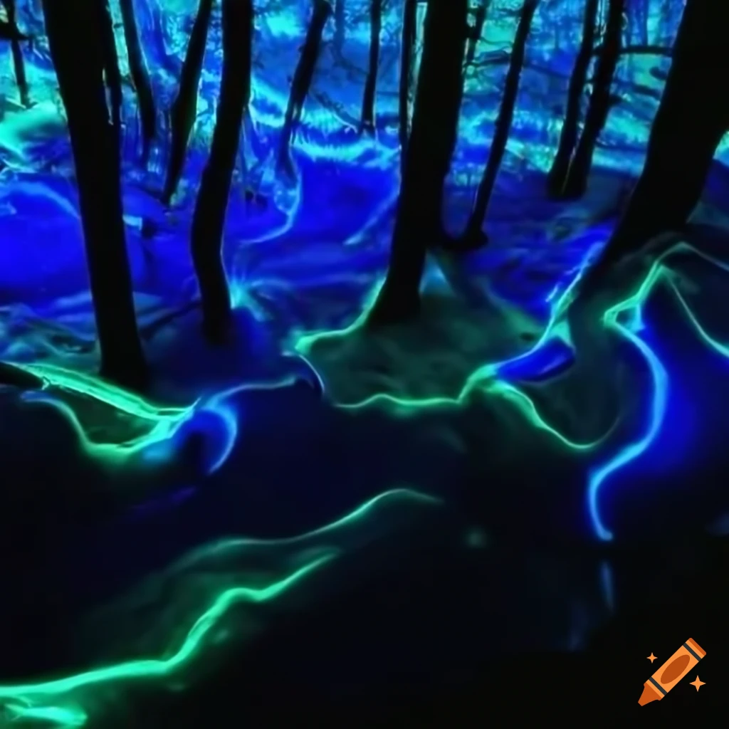 Surreal biopunk forest merging nature and technology with glowing bioluminescent trees on Craiyon