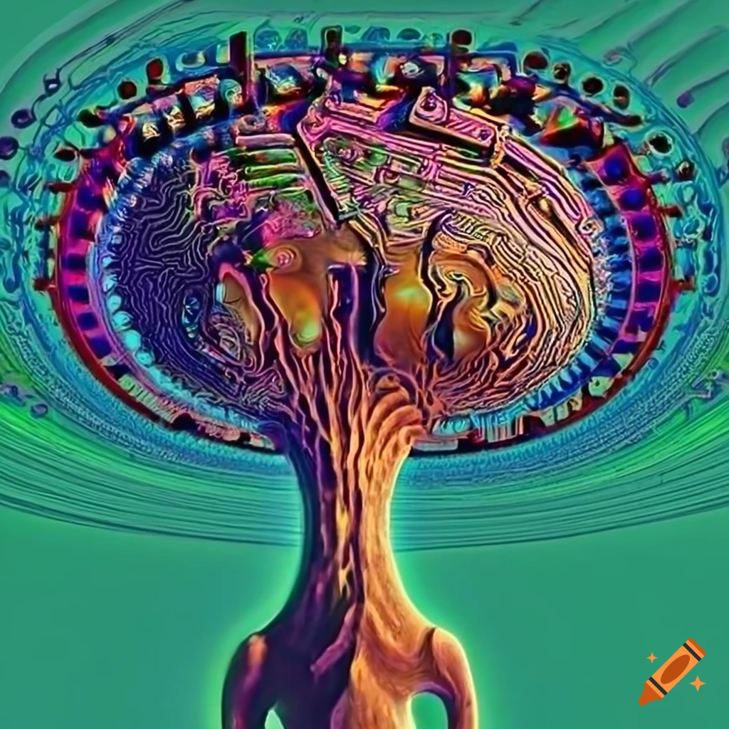 Psychedelic alien tree in tube art style with technical drawings of ...