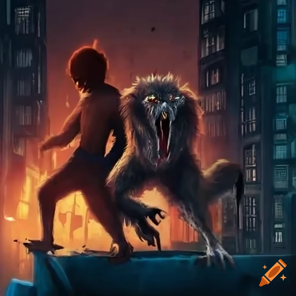 Brave hero battling a werewolf on city rooftops under the moonlight on ...