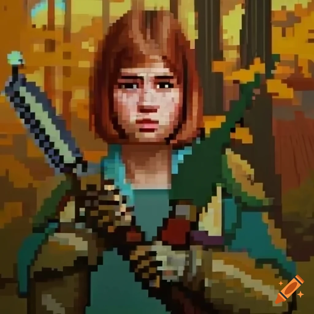 Pixelart hyperrealism portrait of a serious jrpg heroine in wolf pelt ...