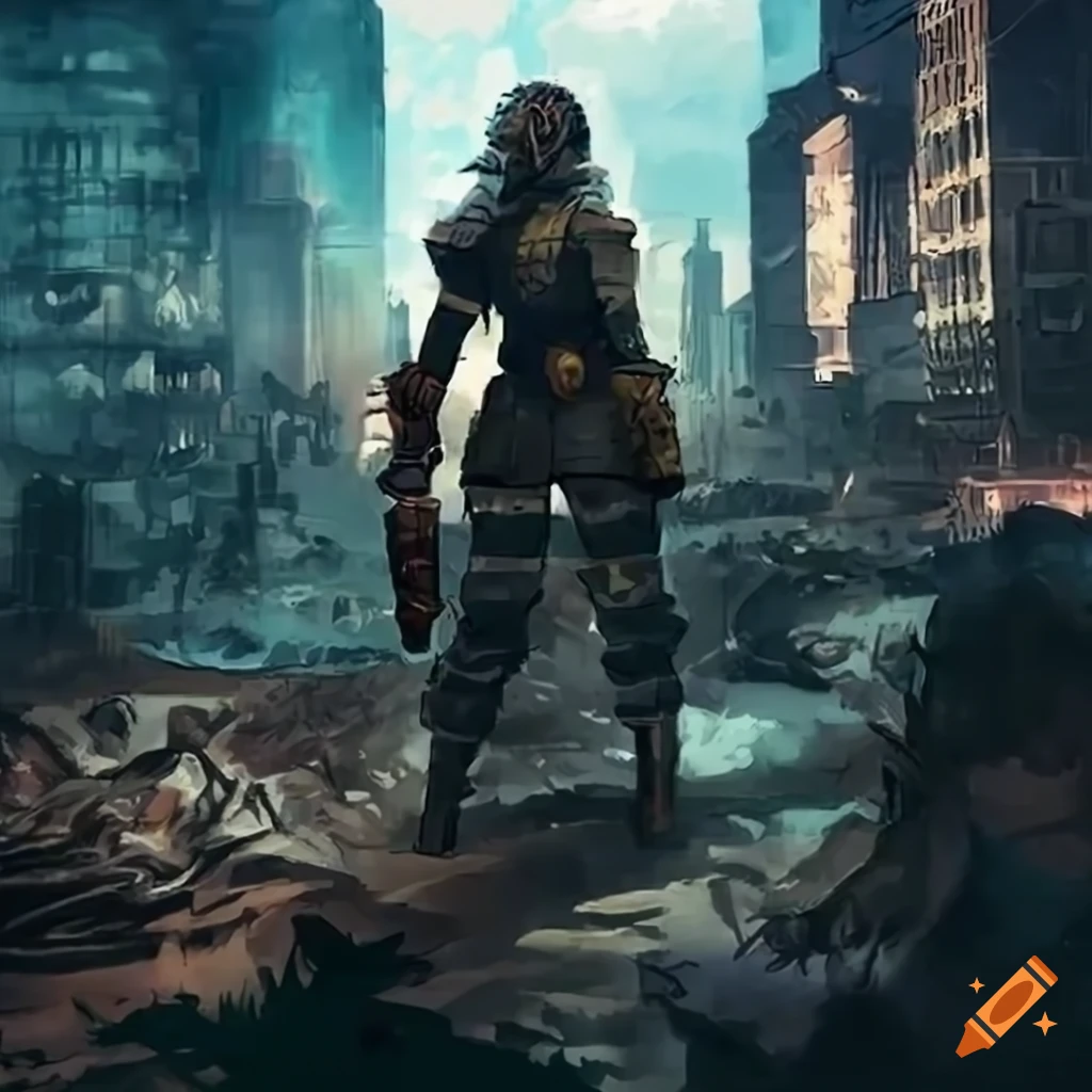 Brave heroine in combat gear confronting a monster in an ominous city ...