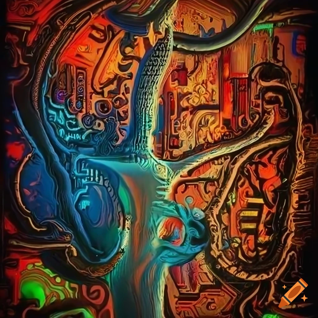 Psychedelic alien tree in electronic circuit board style with retro ...