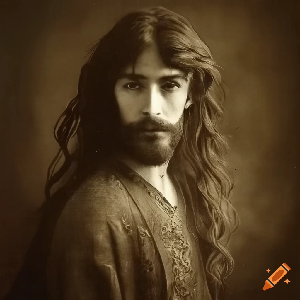Antique sepia photo of a handsome prince in a folklore setting on Craiyon