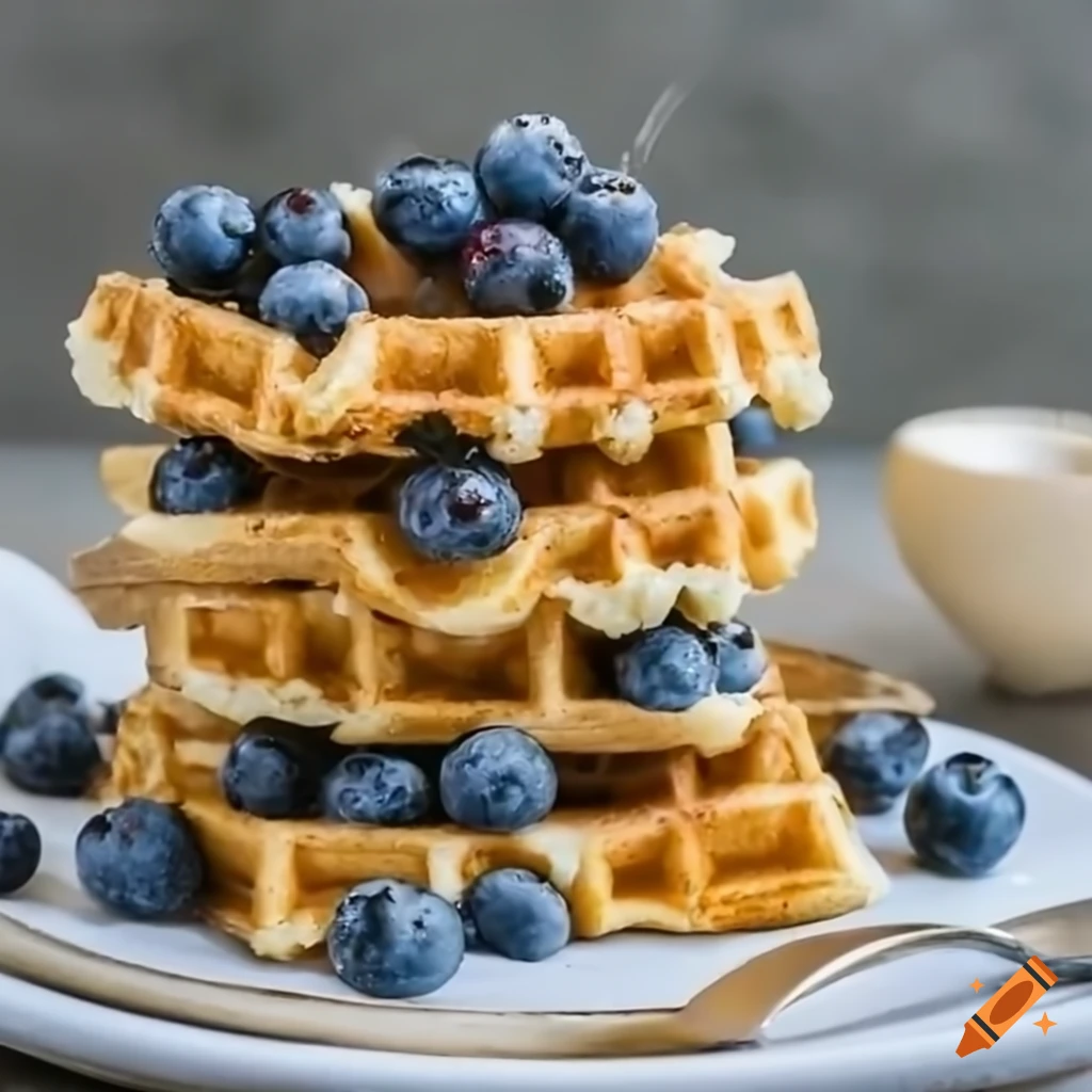 Stack of waffles with honey and blueberries, close-up view on Craiyon