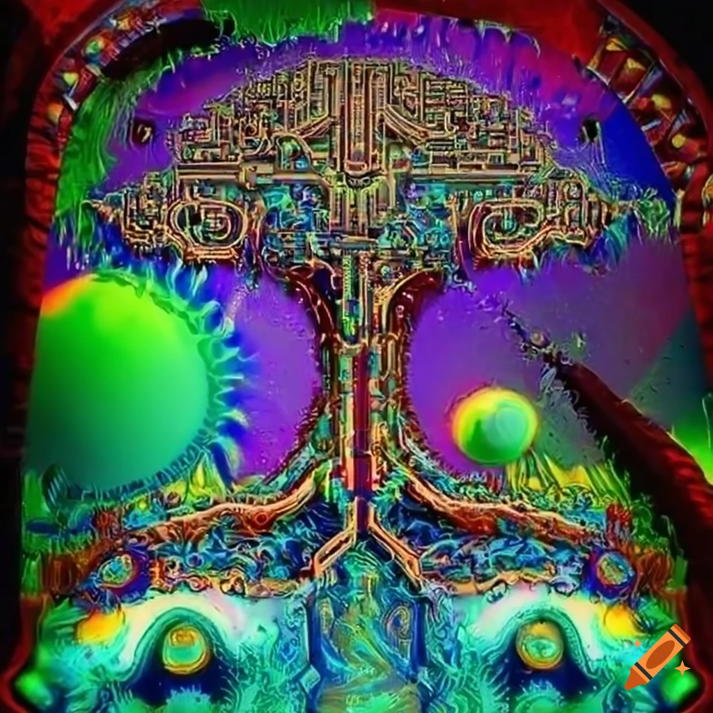 Psychedelic alien tree in electronic circuit board art style with retro ...