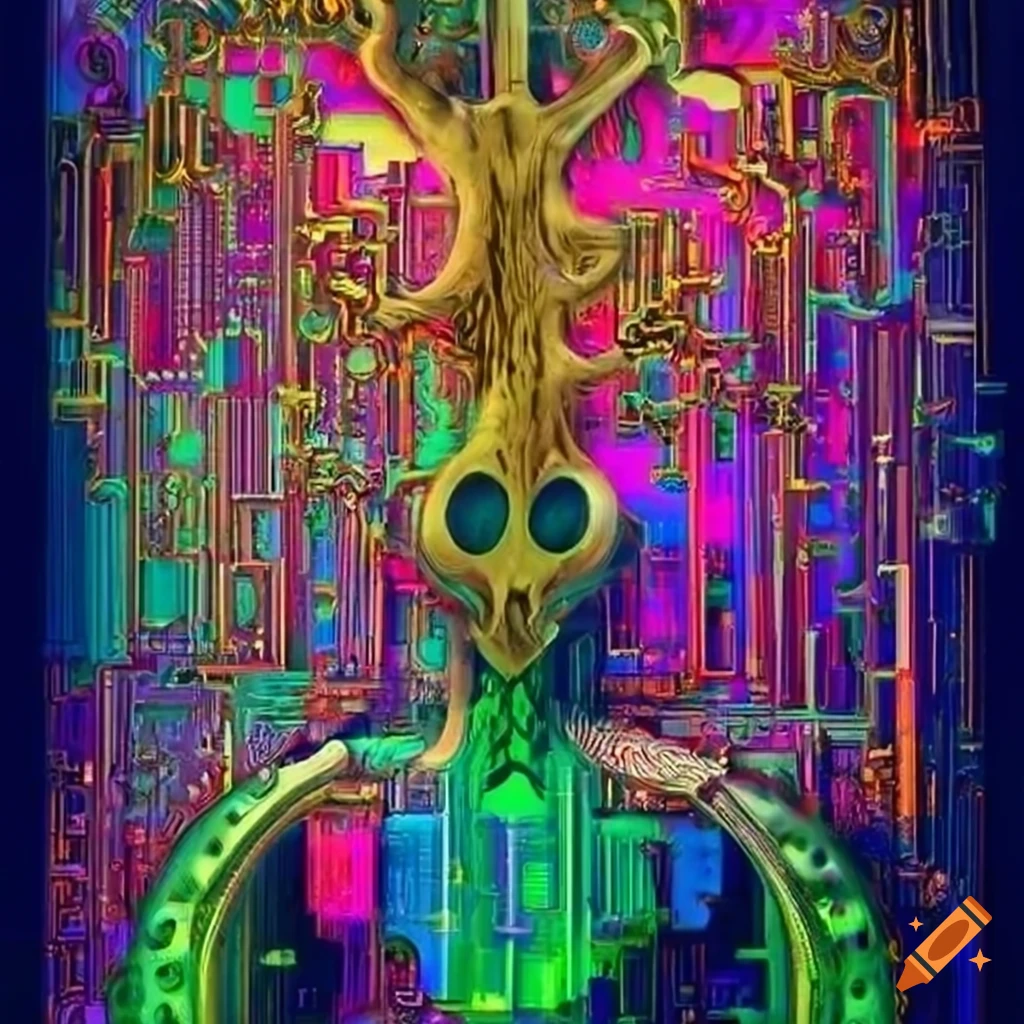 Psychedelic alien tree in electronic circuit board style with retro ...