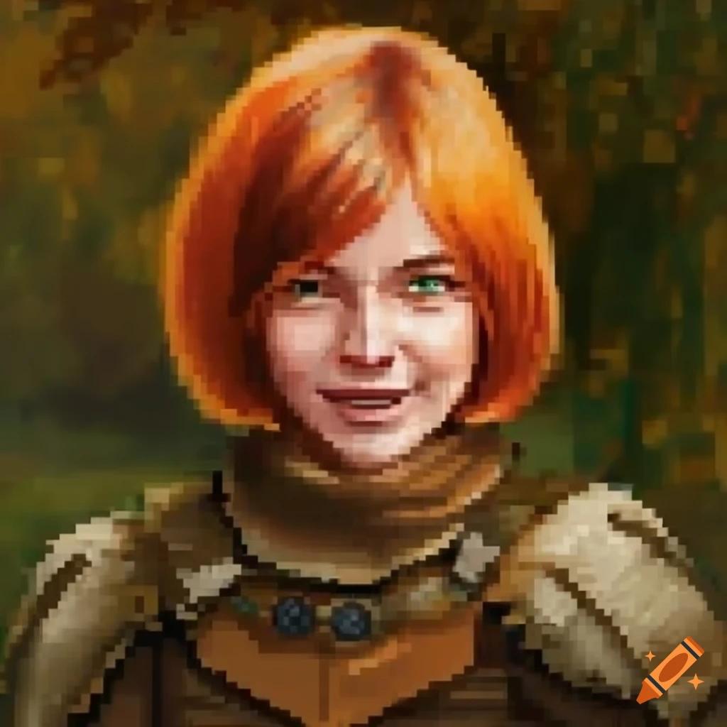 Pixelart hyperrealism portrait of a smiling russian jrpg heroine honing ...