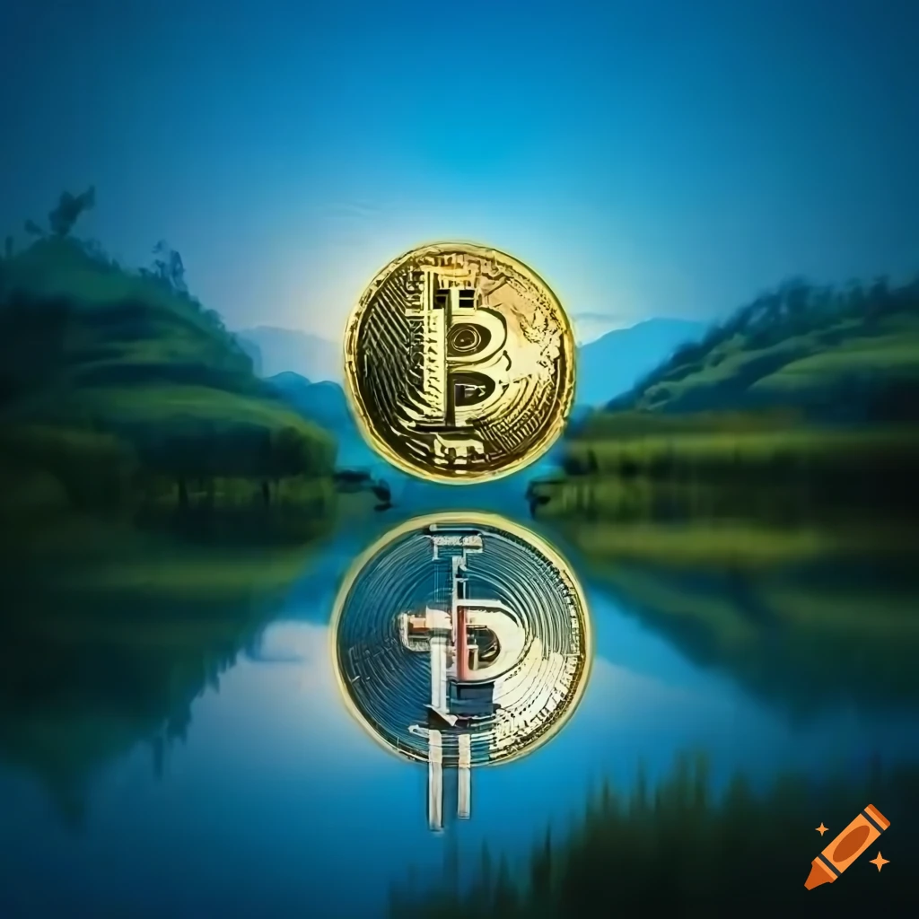 Pastoral landscape with a giant bitcoin floating in the river on Craiyon