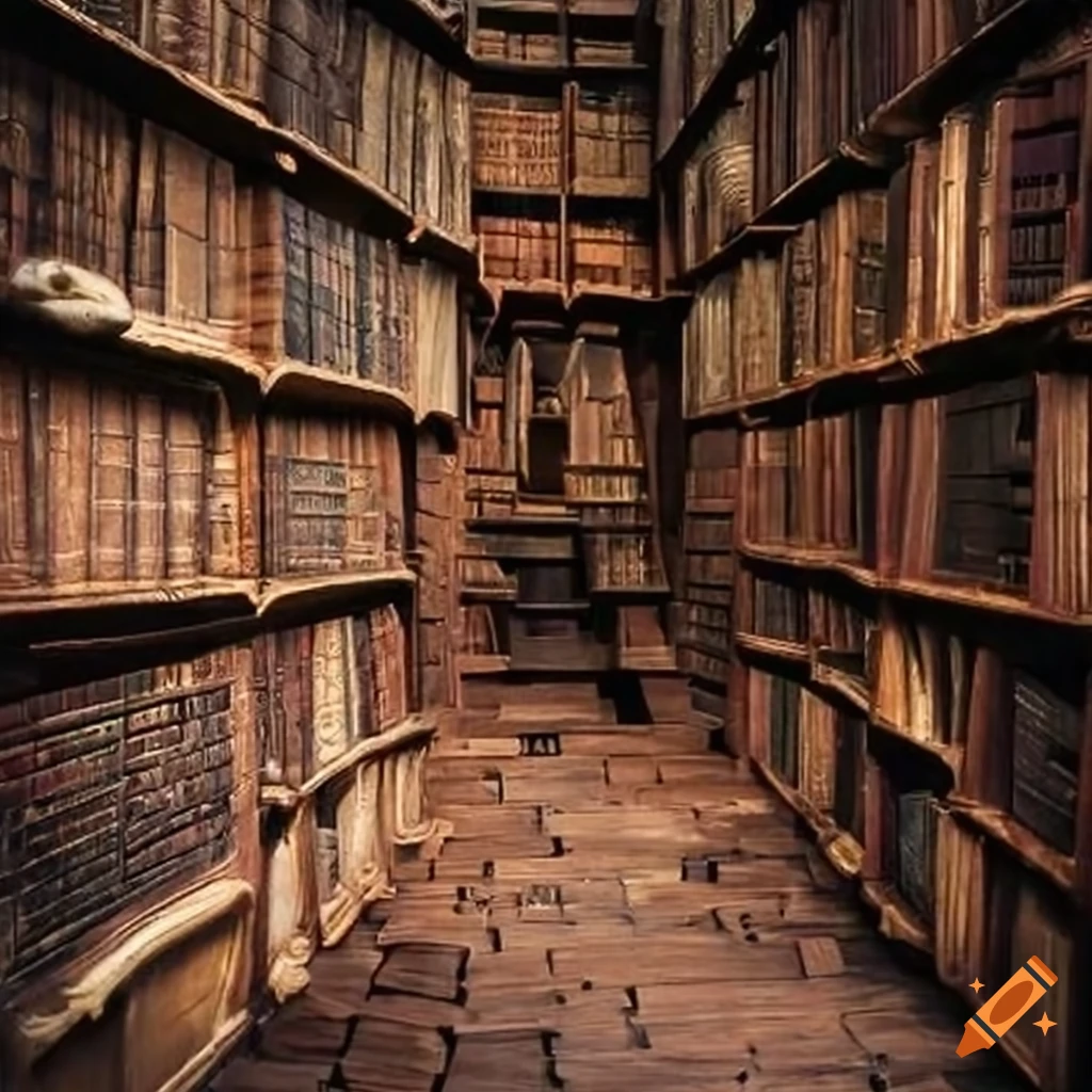 Old dusty library with ancient books and tall ornate shelves on Craiyon