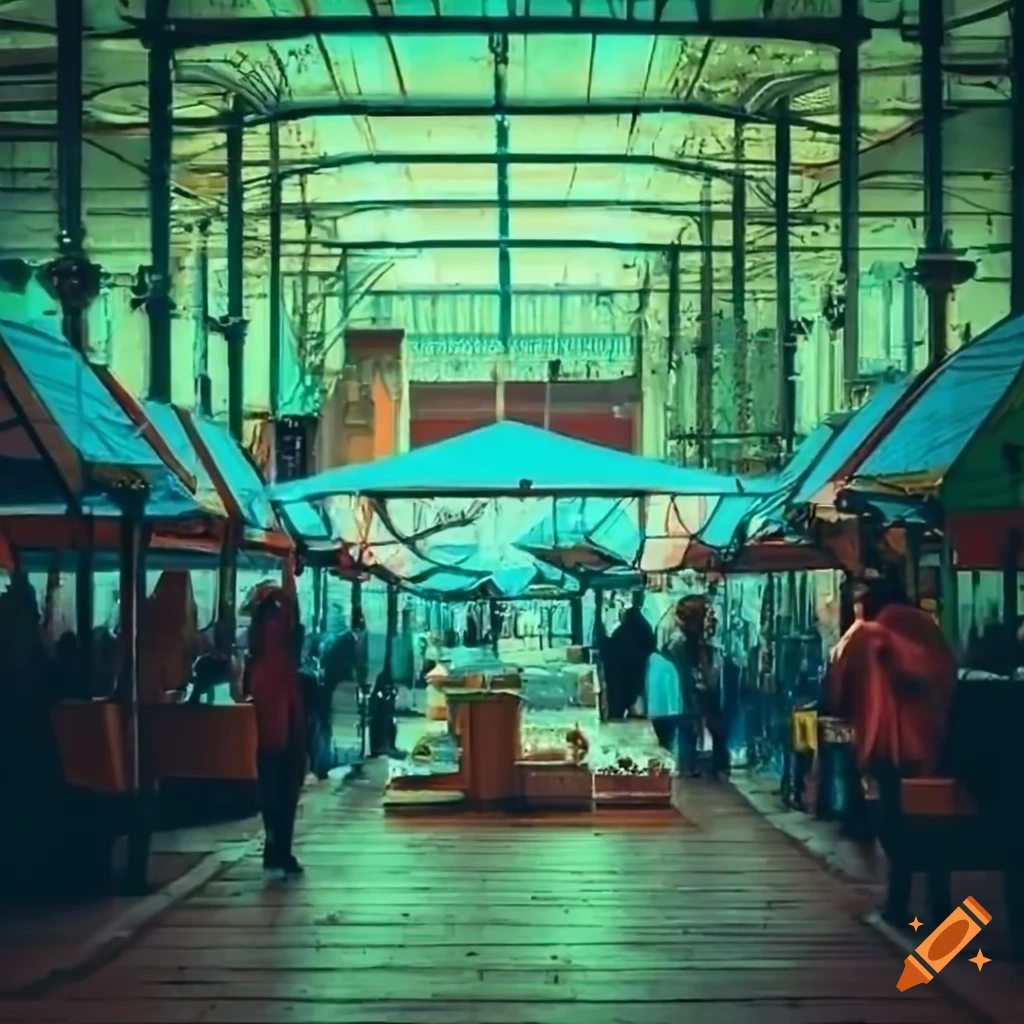 Market stalls indoor with people standing around, seen from behind on ...