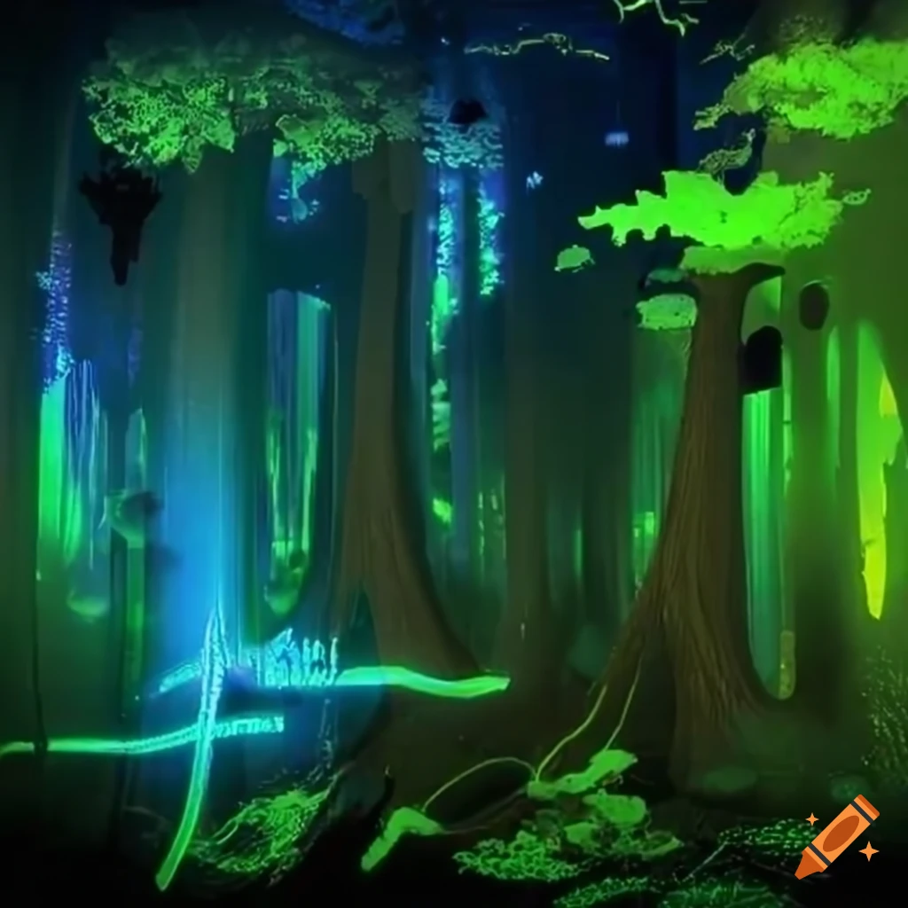 Biopunk paradise with glowing bioluminescent trees merging nature and technology on Craiyon