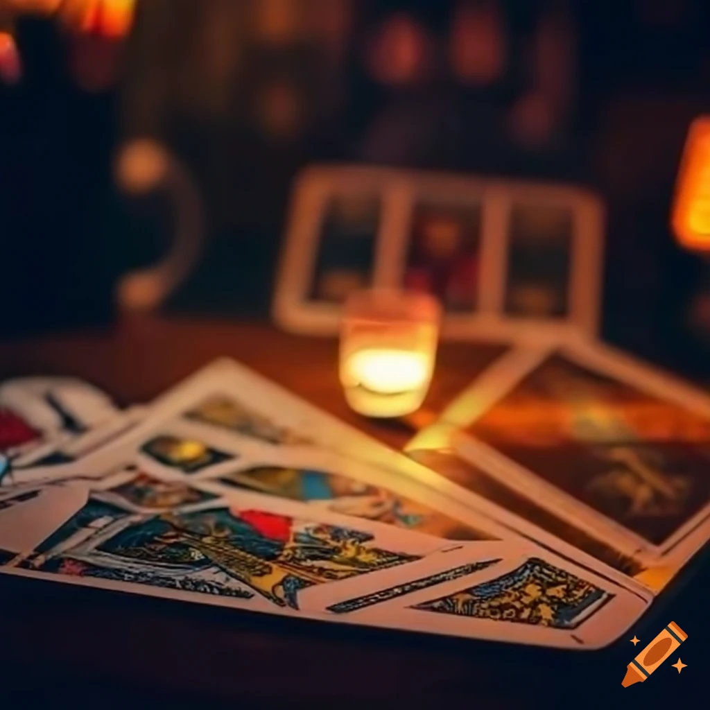 Dimly lit cafe with a table of tarot cards, creating a mysterious and harmonious vibe on Craiyon