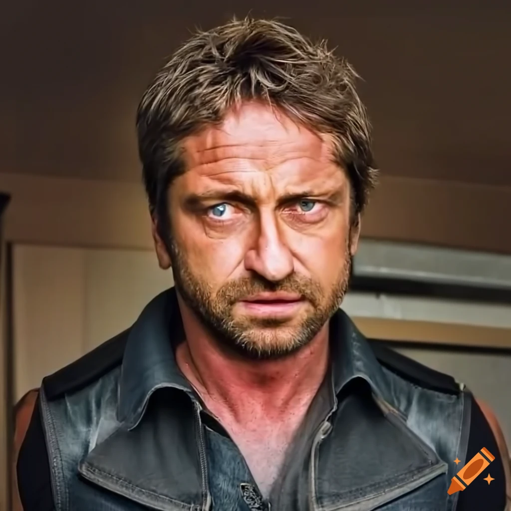 British actor Gerard Butler look-alike in outlaw biker style outfit on ...