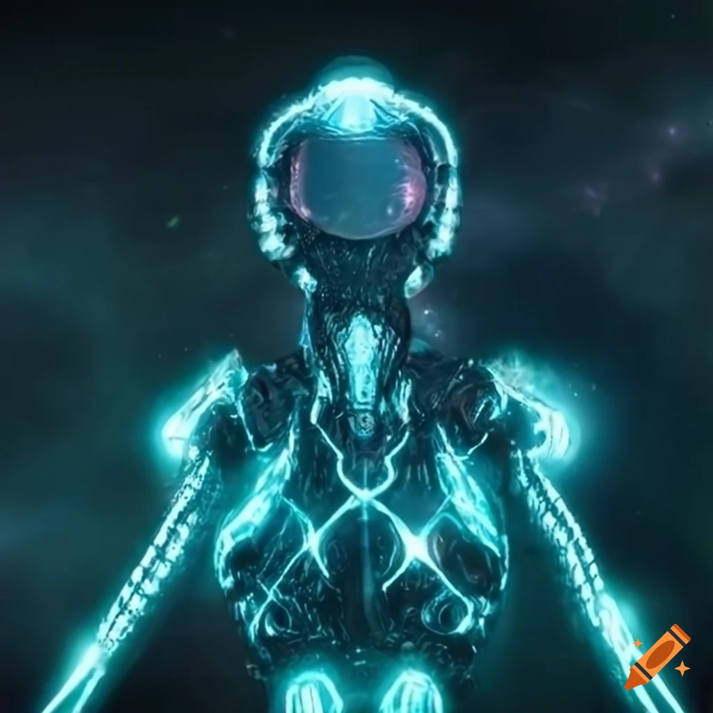 Person in glowing sci-fi armor on an alien planet on Craiyon