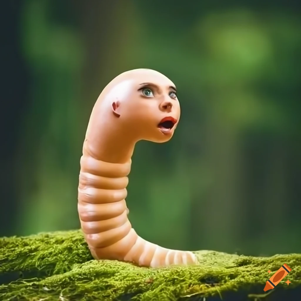 Imaginative depiction of a human-faced worm in a mossy forest on Craiyon