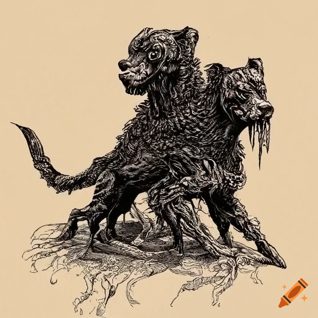 Pen-and-ink artwork of the mythical two-headed dog orthrus in dark ...