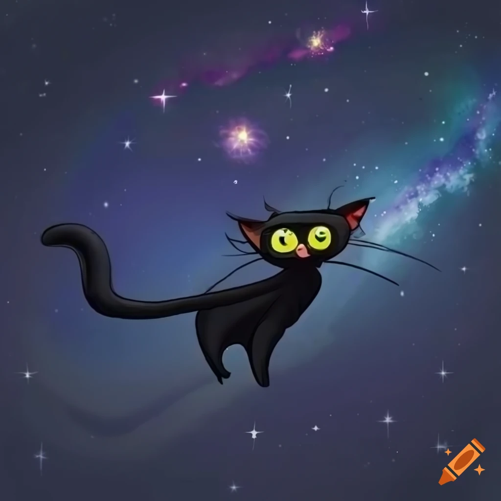 Black cat flying in the starry Milky Way in cartoon art on Craiyon