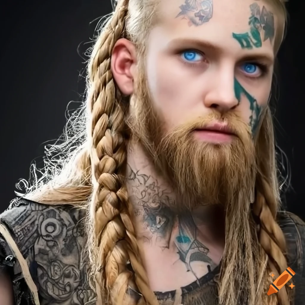 Realistic young viking with tattoos, long blond hair, beard, and blue ...