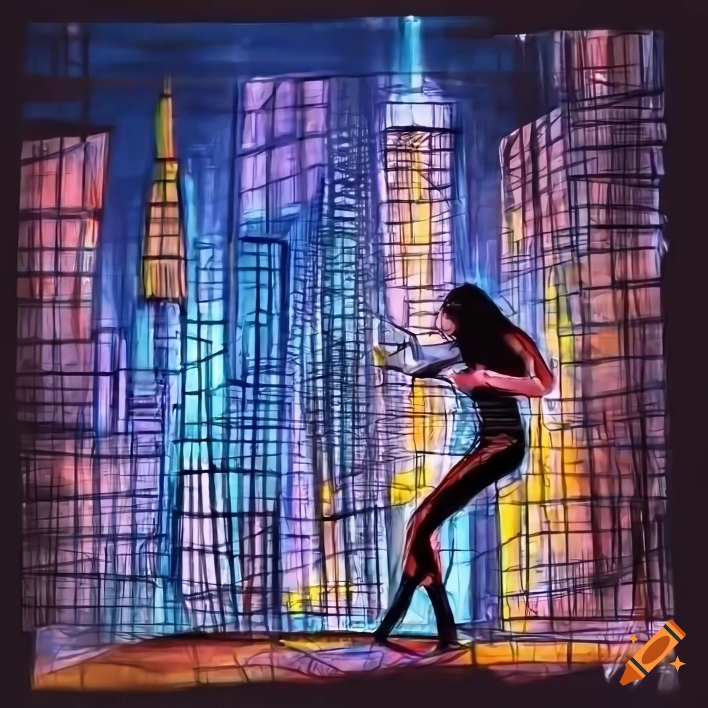 Intense urban night scene with a girl prepared for combat among neon ...