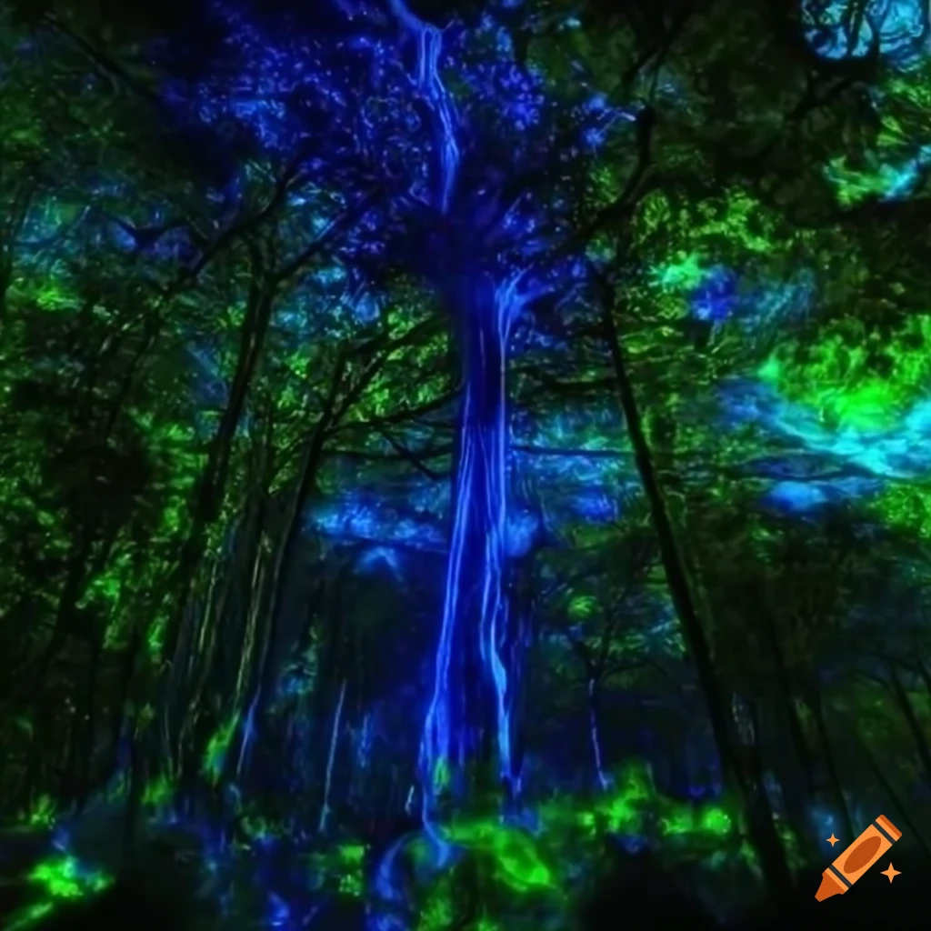 Surreal biopunk forest with glowing bioluminescent trees on Craiyon