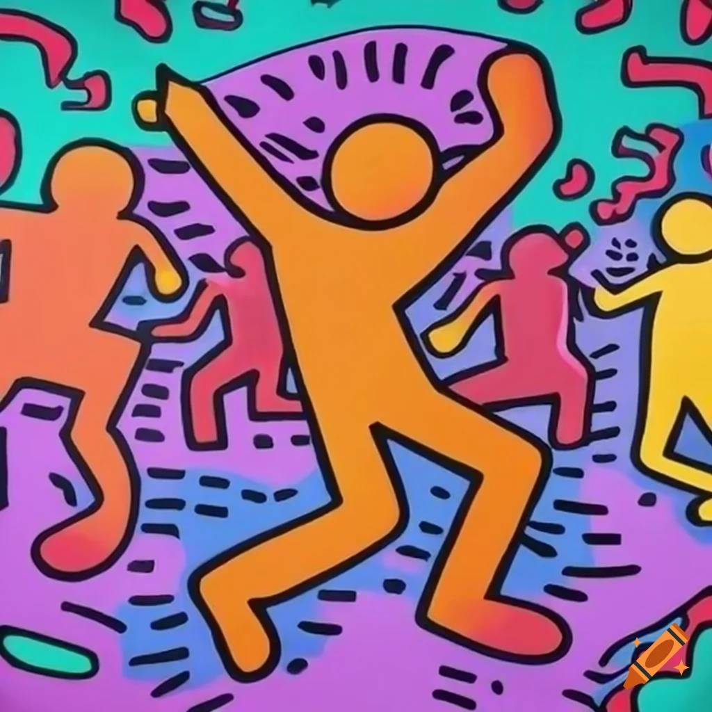 Vibrant keith haring-inspired artwork of a lively dancing crowd in an ...