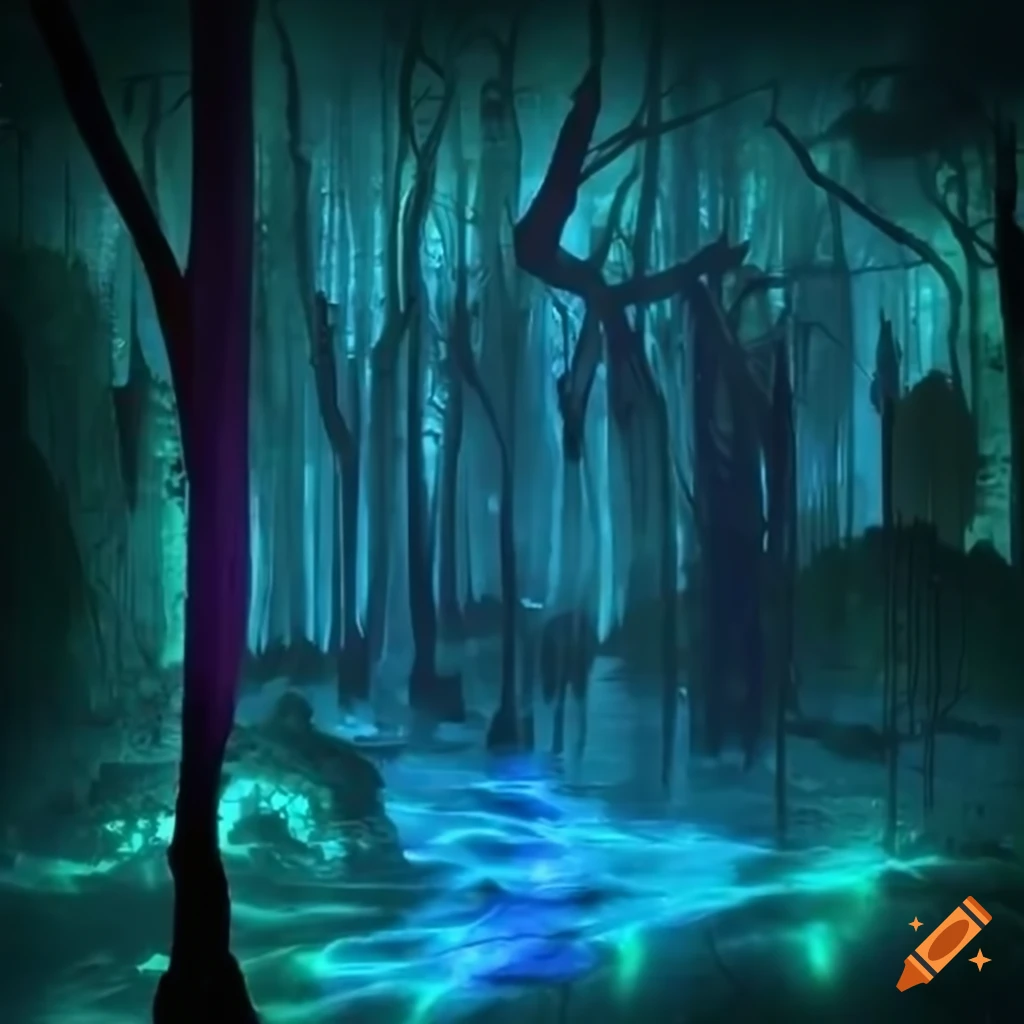 Surreal biopunk forest merging nature and technology with glowing bioluminescent trees on Craiyon