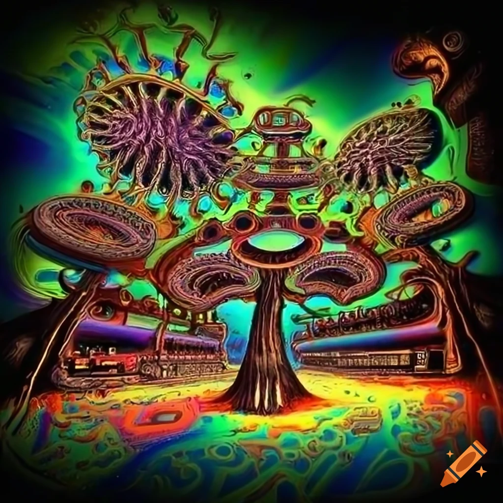 Psychedelic alien tree in electronic circuit board art style with retro ...