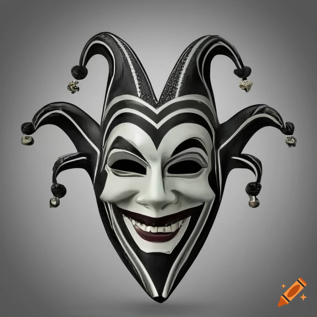 Intricately carved jester mask in black and white on Craiyon