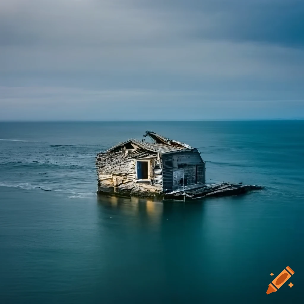 Aerial view of a destroyed cabin in the middle of the ocean with ...