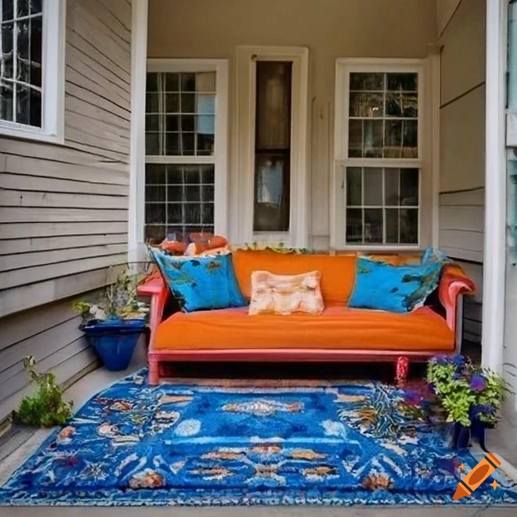 Porch with blue and orange couch, flowers, and blue rug, inspired by ...