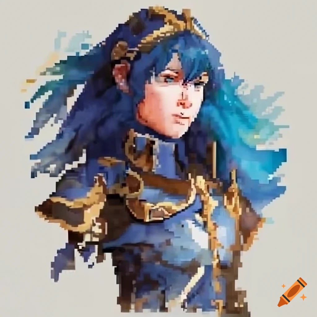 Pixel art portrait of Lucina from the game Fire Emblem honing her sword ...