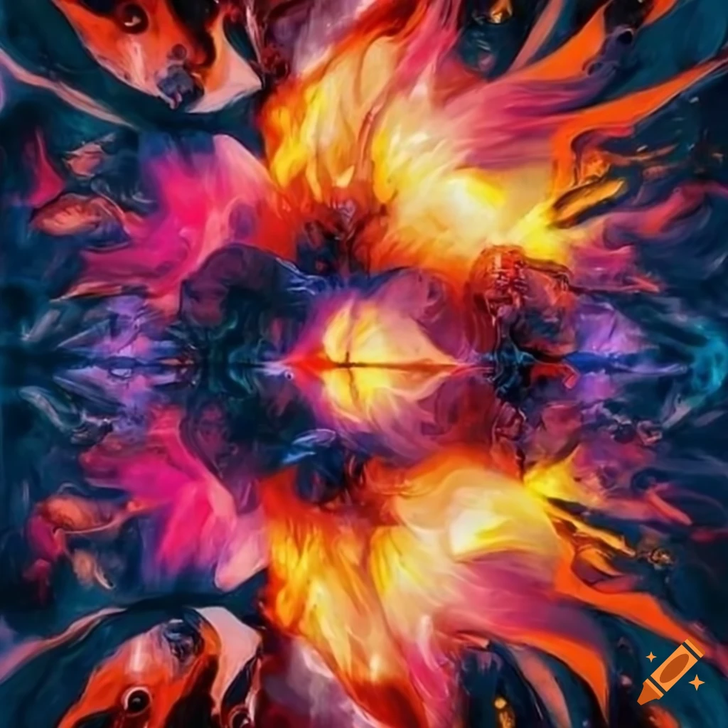 Abstract painting of geometric fire and water battling each other on ...