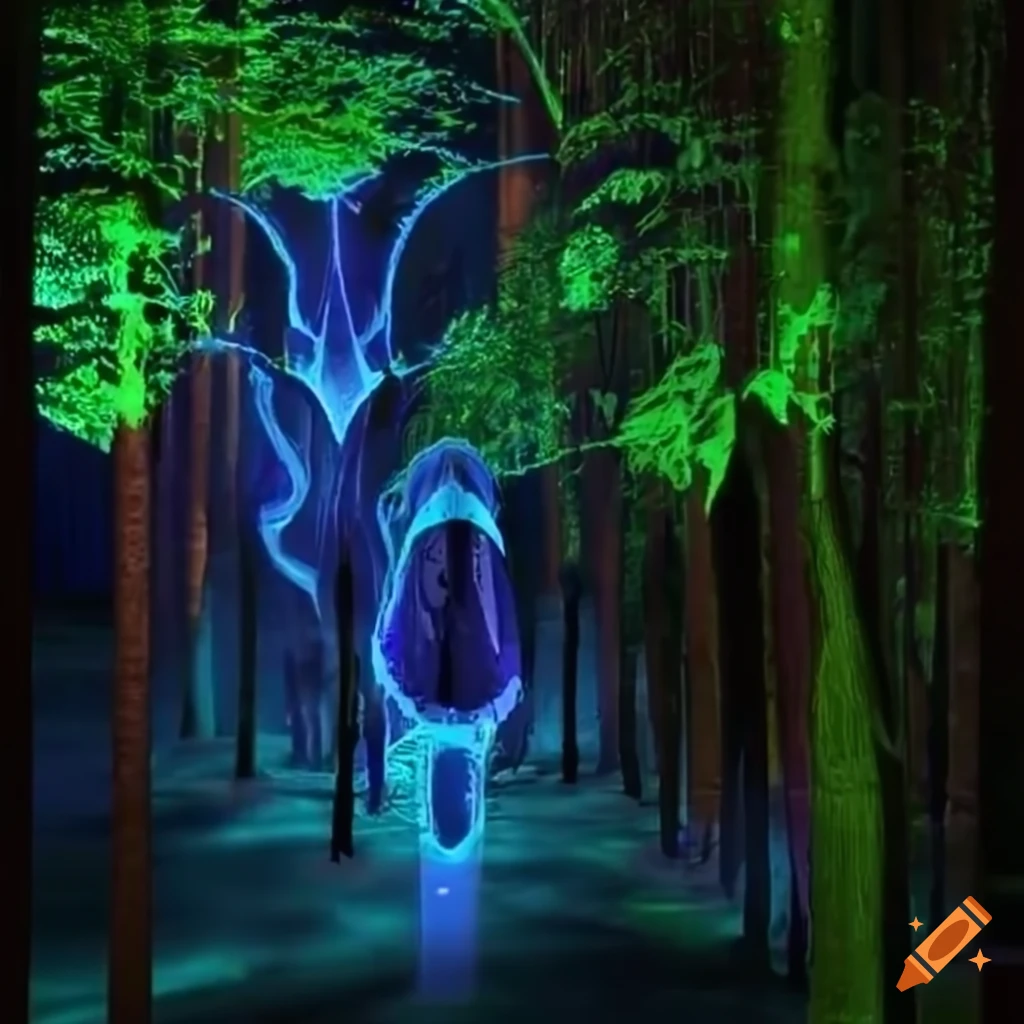 Surreal biopunk forest merging nature and technology with glowing bioluminescent trees on Craiyon