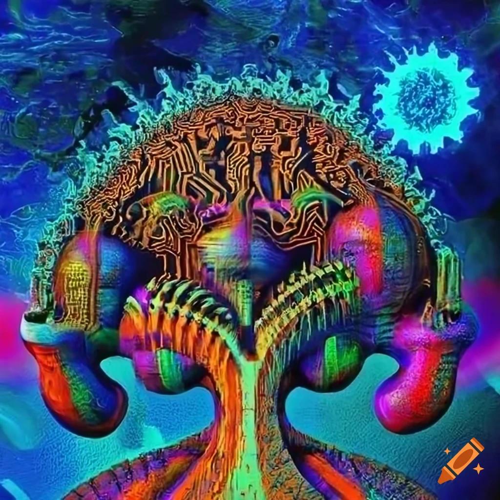Psychedelic alien tree in tube art style with detailed technical ...
