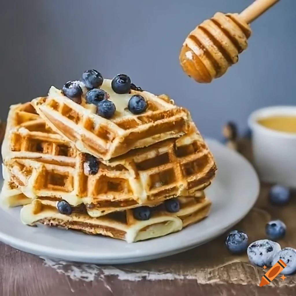 Stack of waffles with blueberries and honey drizzle, close-up aesthetic ...